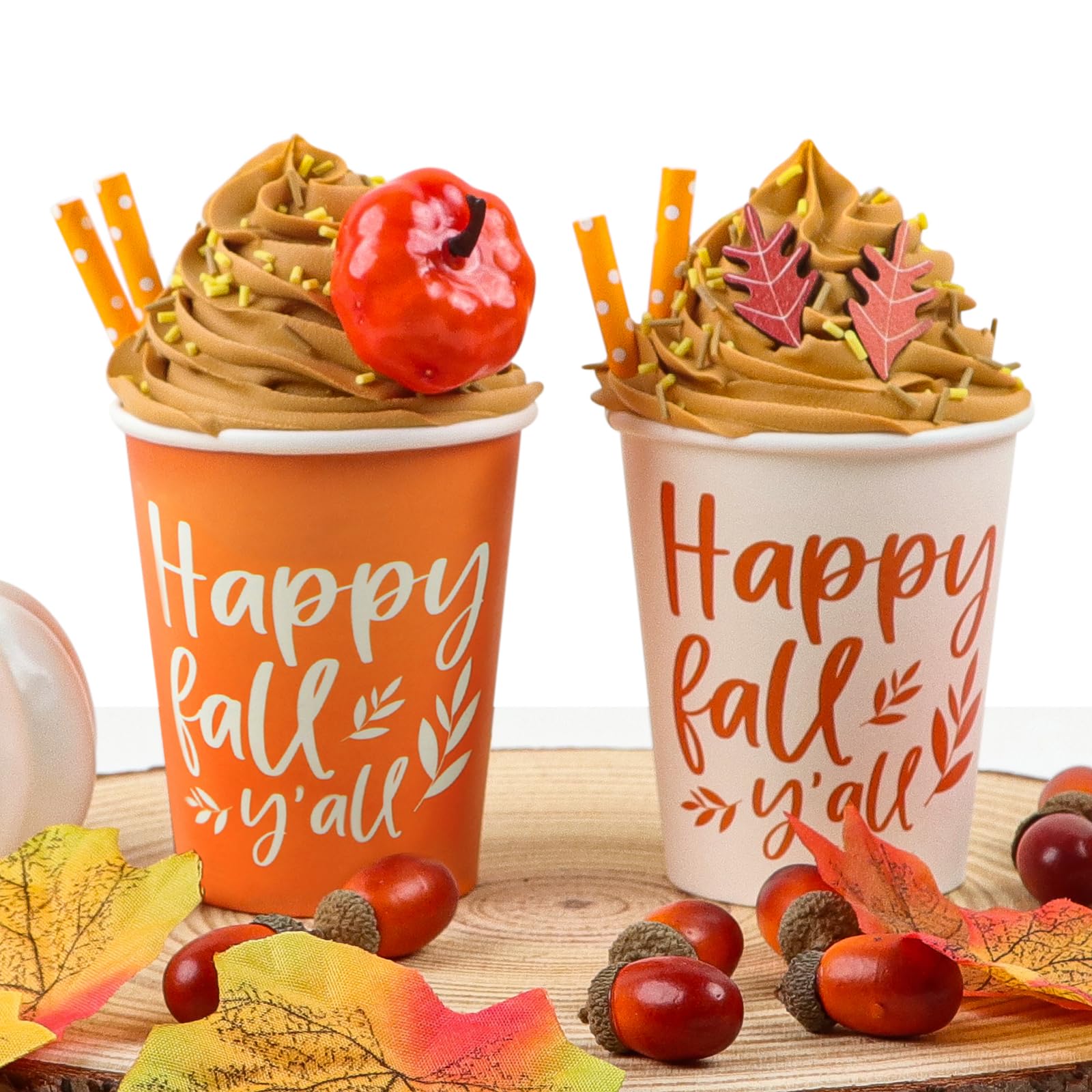 Fall Decor-2 Packs Mini Pumpkin Spice Latte Cups with Faux Whipped Cream -Fall Decorations for Home Table-Fall Tiered Tray Decor-Happy Fall Y'all for Gifts