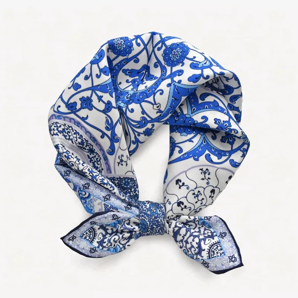 JHHDP Blue and White Porcelain Silk Scarf Spring Ladies Silk Scarf Small Square Headband Bag Ladies (Color : A, Size : One Size)