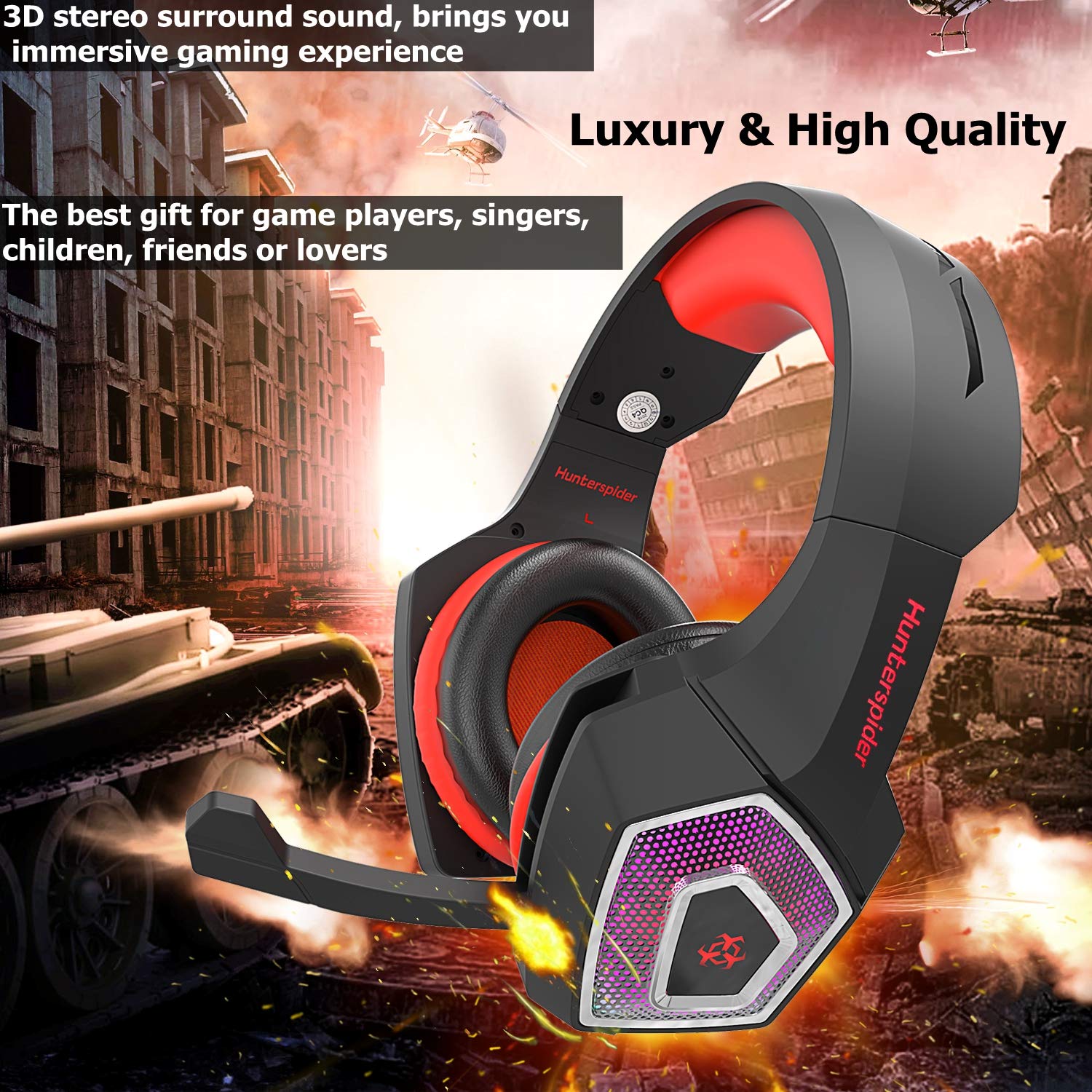 Gaming Headset for PS4 Xbox One, YCCSKY Wired Over Ear Headphone PC USB Gaming Headset with Noise Canceling Mic and LED Light, Compatible with PS4/Xbox One/Mac/Tablets/PC/Laptop/Mobile Phone (Red)