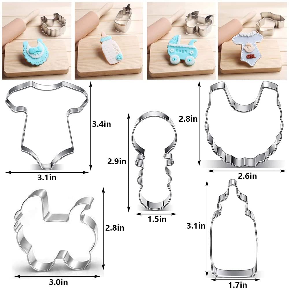 KANNTIE 5-Piece Baby Shower Cookie Cutter Set, Bib, Bottle, Rattle, Onesie and Baby Carriage