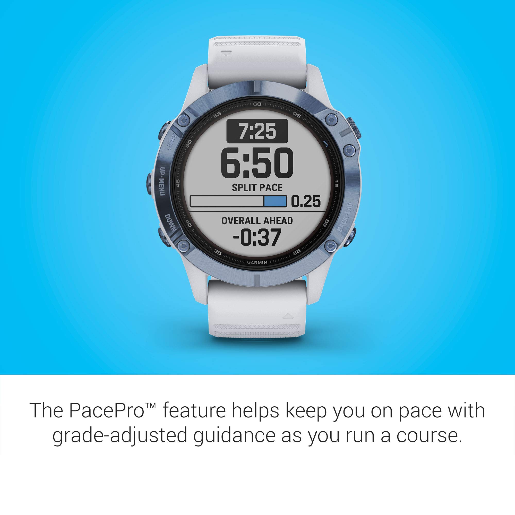 Garmin fenix 6 Pro Solar, Multisport GPS Watch with Solar Charging Capabilities, Advanced Training Features and Data, Mineral Blue with White Band