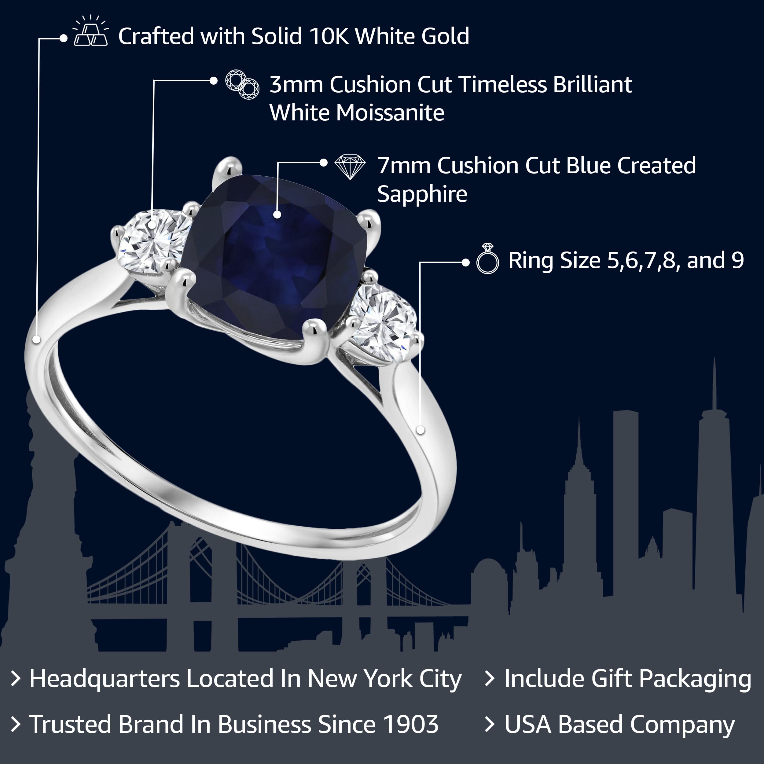 Gem Stone King 10K White Gold Blue Sapphire and White Moissanite 3-Stone Engagement Ring | 2.26 Cttw | Cushion 7MM | 3 Stone Wedding Anniversary Promise Gold Ring For Women (Size 8)