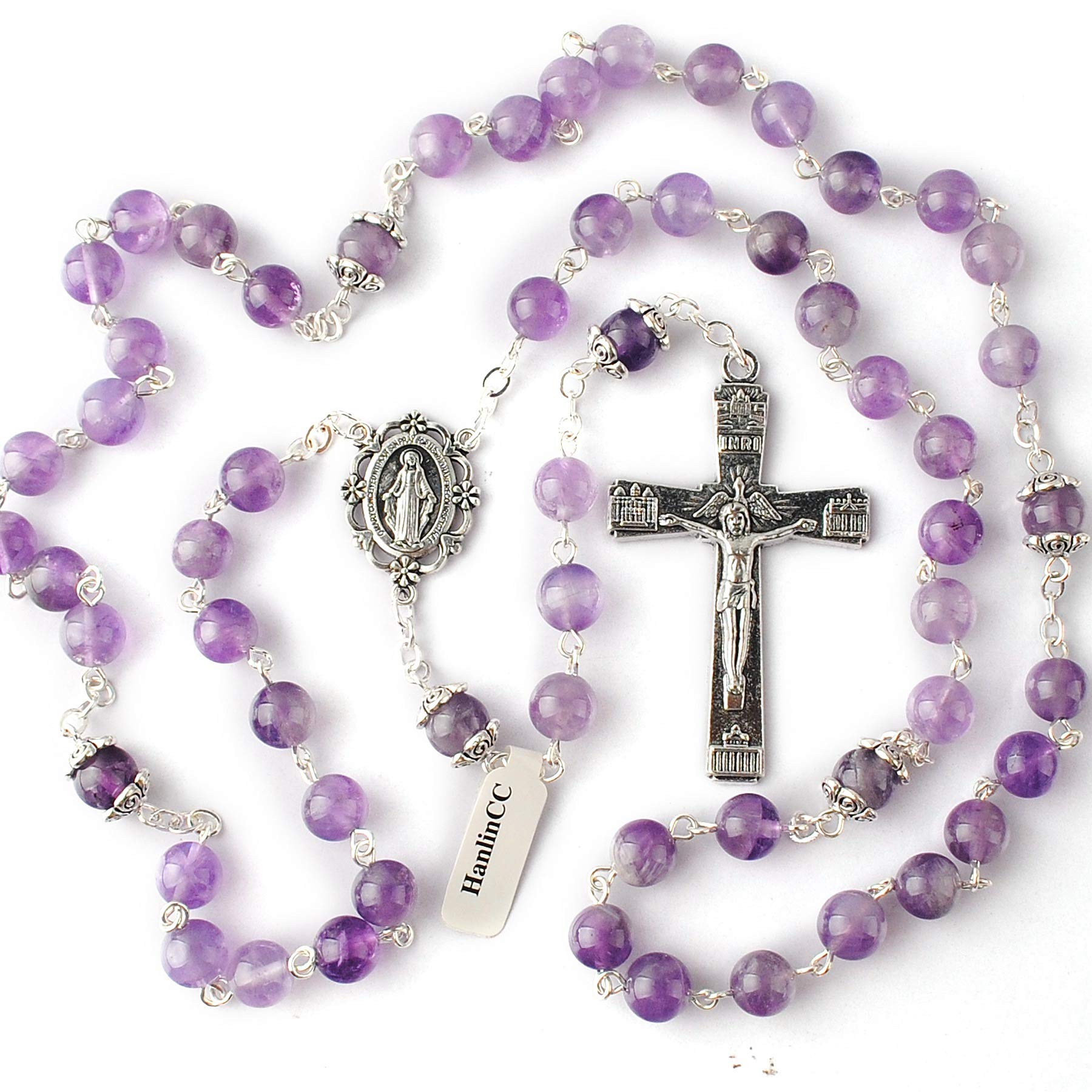 HanlinCC 8mm Natural Real Amethyst Crystal 5 Dacade Fancy Miraculous Center Piece Rosary Necklace with Anti-Silver Catholic Crucifix Pack in Leather Gift Box