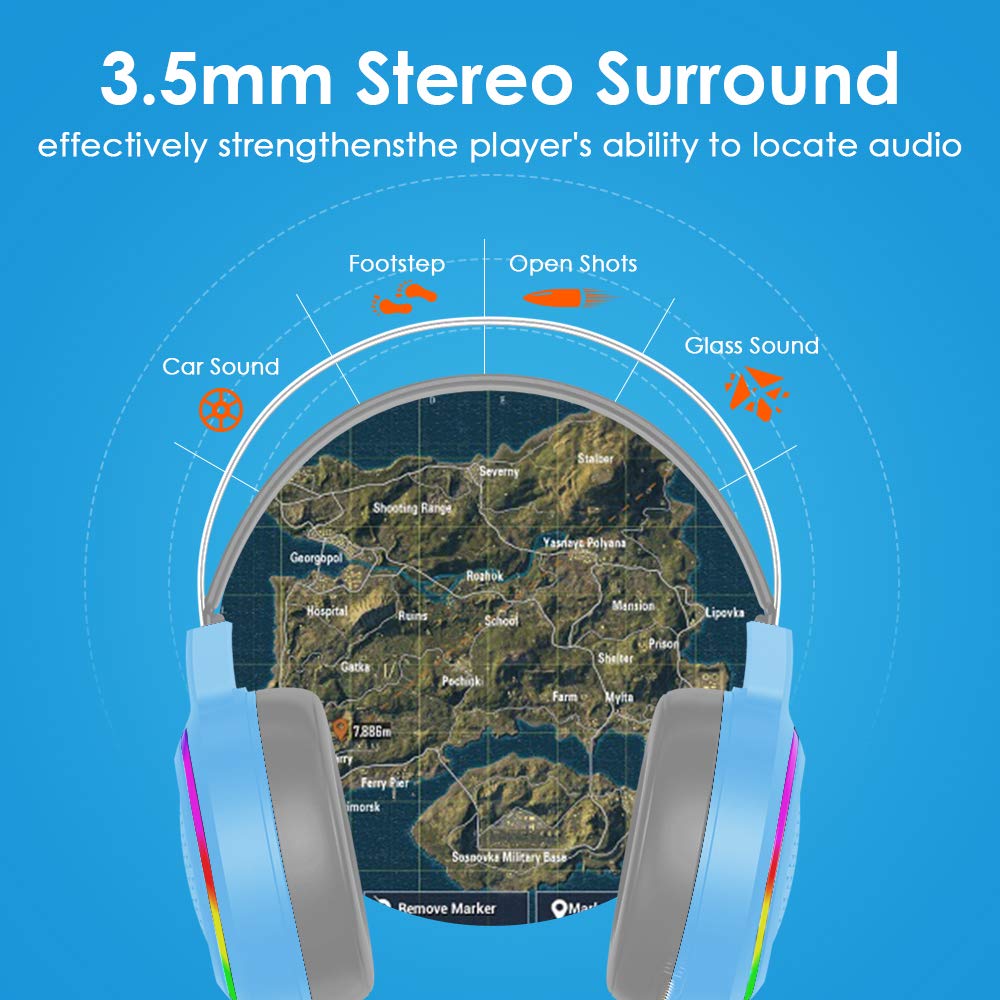 Gaming Headset,Rainbow LED Backlit, 3.5mm Stereo Surround with Microphone Compatible with Smart Phones, PC, PS4 and Other Gaming Devices, can Control Volume and Noise Reduction (Blue)