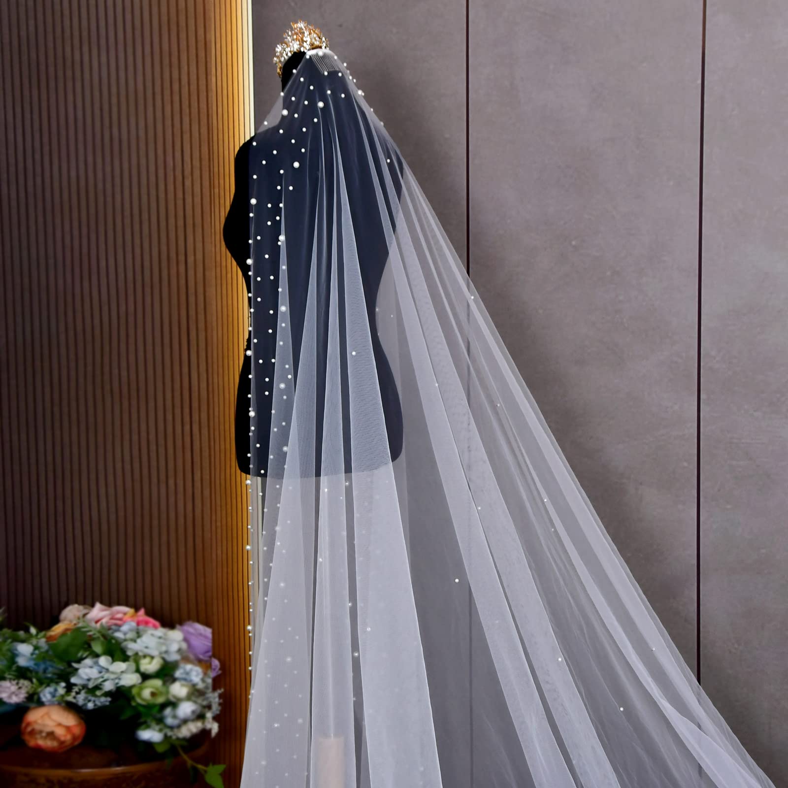 JHOO Women Pearl Edge Cathedral Length Wedding Bridal Veil with Comb 118'' (Off White)