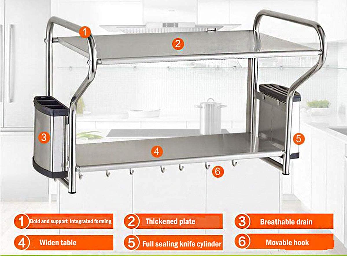 INTBUYING 2 Layer Microwave Oven Wall Mount Shelf Stainless Steel Kitchen Storage Organization with Removable Hooks