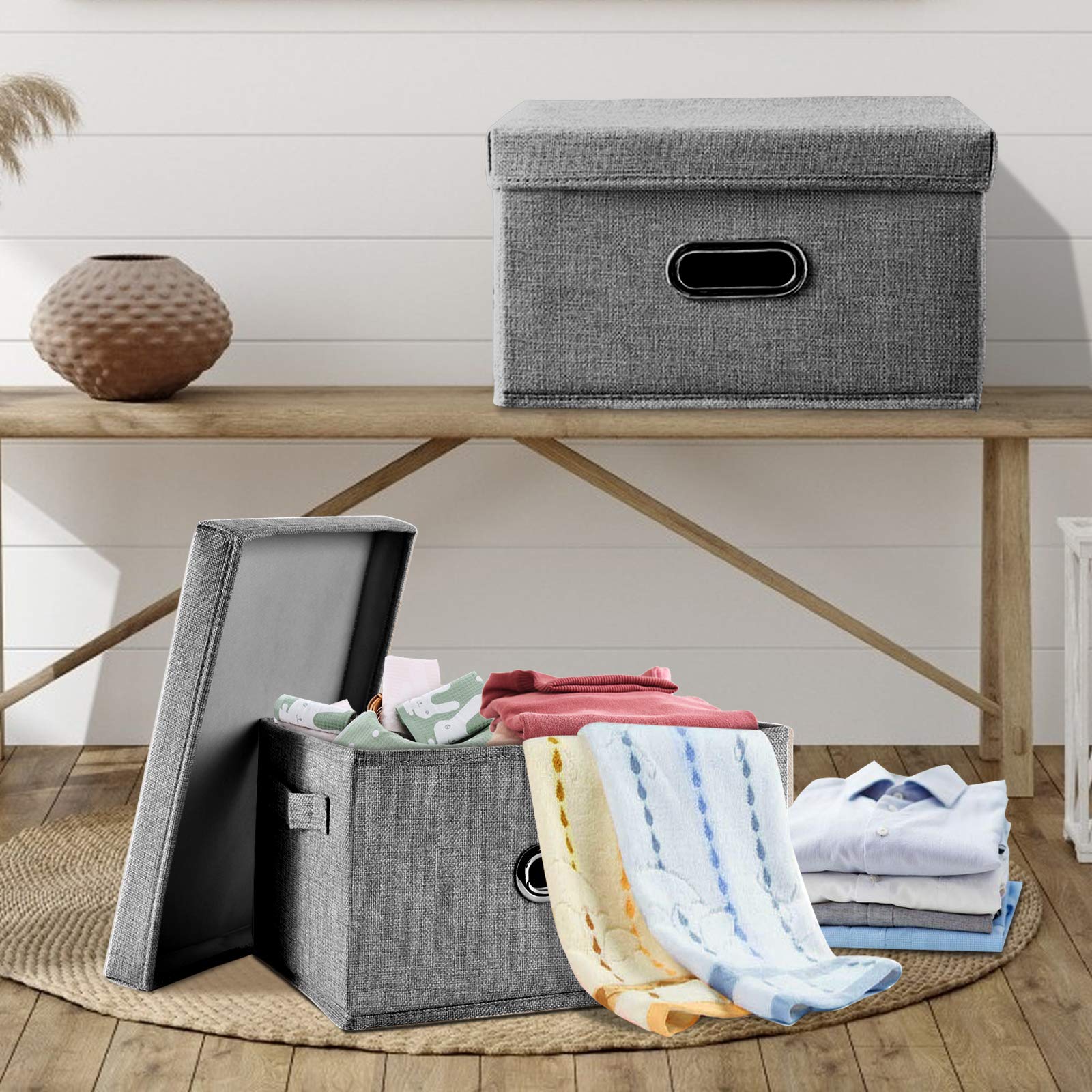 HONGKERNE Linen Fabric Storage Bin with Lid[1-Pack] Foldable Storage Box Organizer Storage Basket with Lid Closet Storage Bins for Clothes Storage Containers for Bedroom Office Home (Gray, Small)