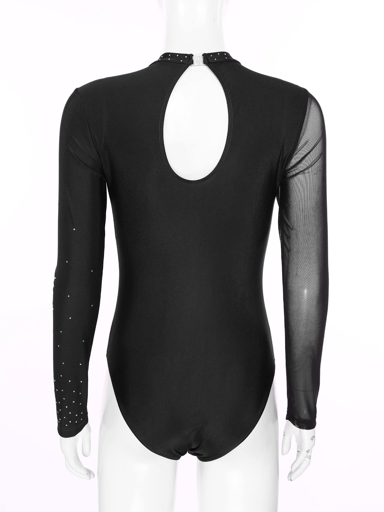 Freebily Womens Sheer Mesh Long Sleeve Bodysuit Sequined Mock Neck Tassel Leotards Dancewear Black XX-Large