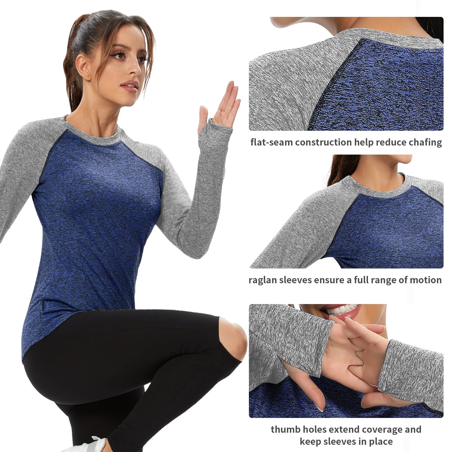 Fleece Lined Shirt for Women Long Sleeve Running Shirts with Thumb Holes(Navy-Grey,Medium