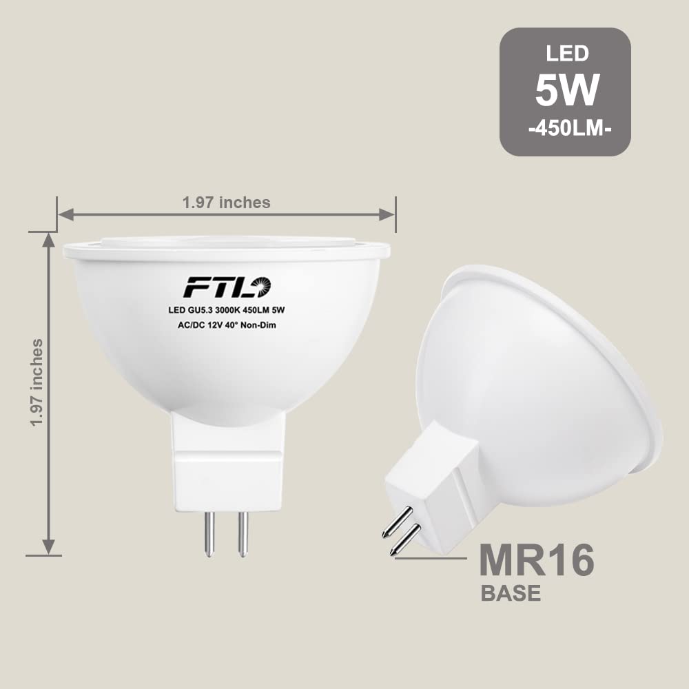FTL MR16 LED Bulb 12V 50W Equivalent Halogen Replacement GU5.3 Pin Base 5W 5000K Daylight Non-Dimmable for Landscape and Track Lights,6-Pack