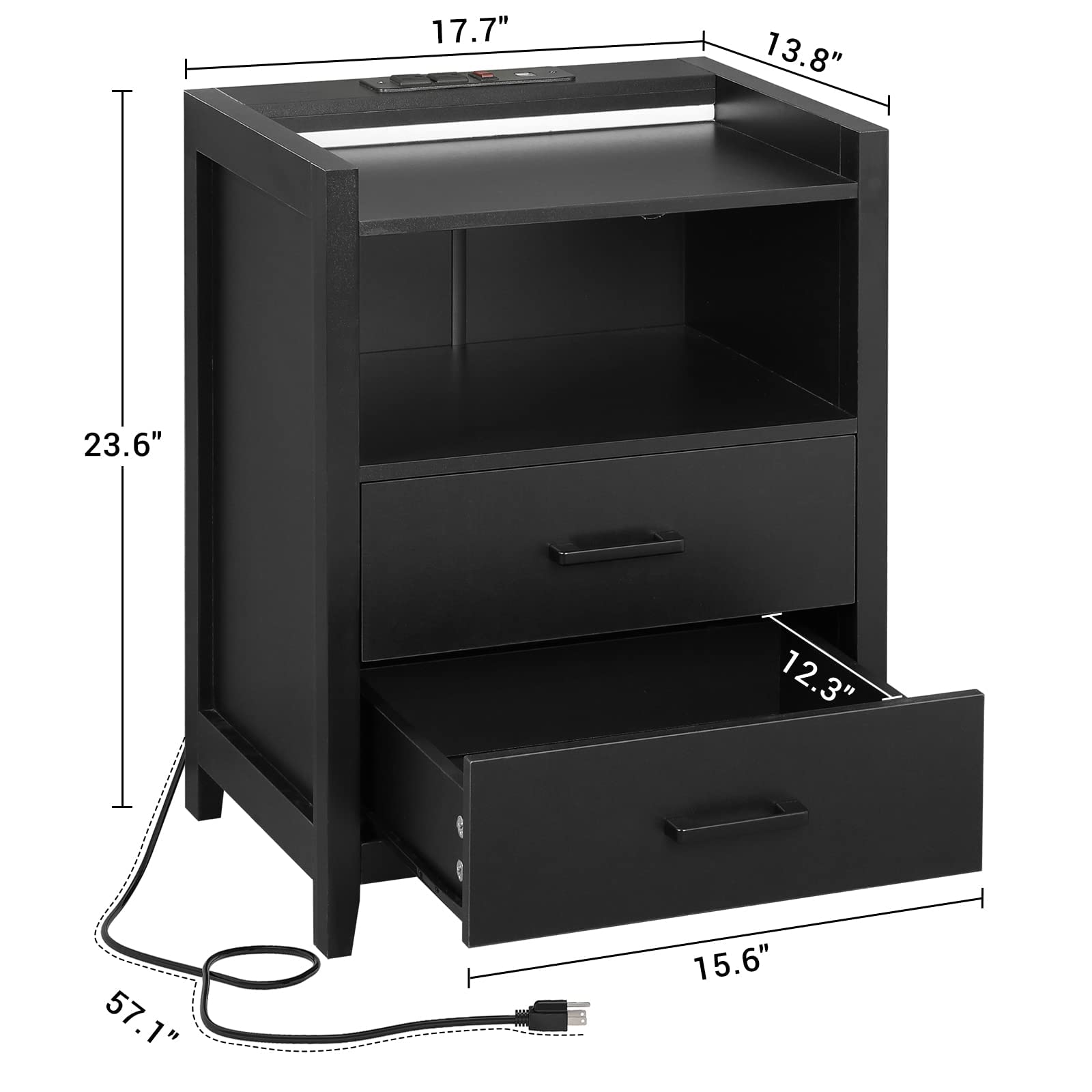 EPHEX Nightstand with LED Light & Charging Station, Black Night stand with 2 Drawers, Modern End Side Table with USB Ports, Bedside Table for Bedroom