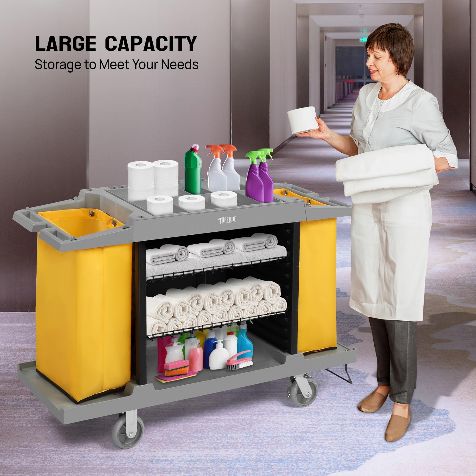 LEADZM Premium Hotel & Housekeeping Cart on Wheels, 154LBS Multifunctional Commercial Cleaning Cart with Large Capacity Vingyl Bags, Comfor Grip Handles and Easy Move Casters