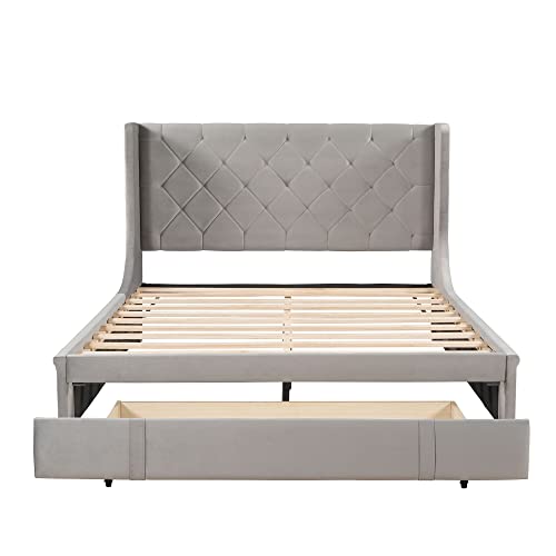YuiHome Queen Size Velvet Upholstered Platform Bed with a Big Drawer, Queen Storage Bed with Wingback Headboard for Bedroom Guestroom, No Box Spring Needed, Gray