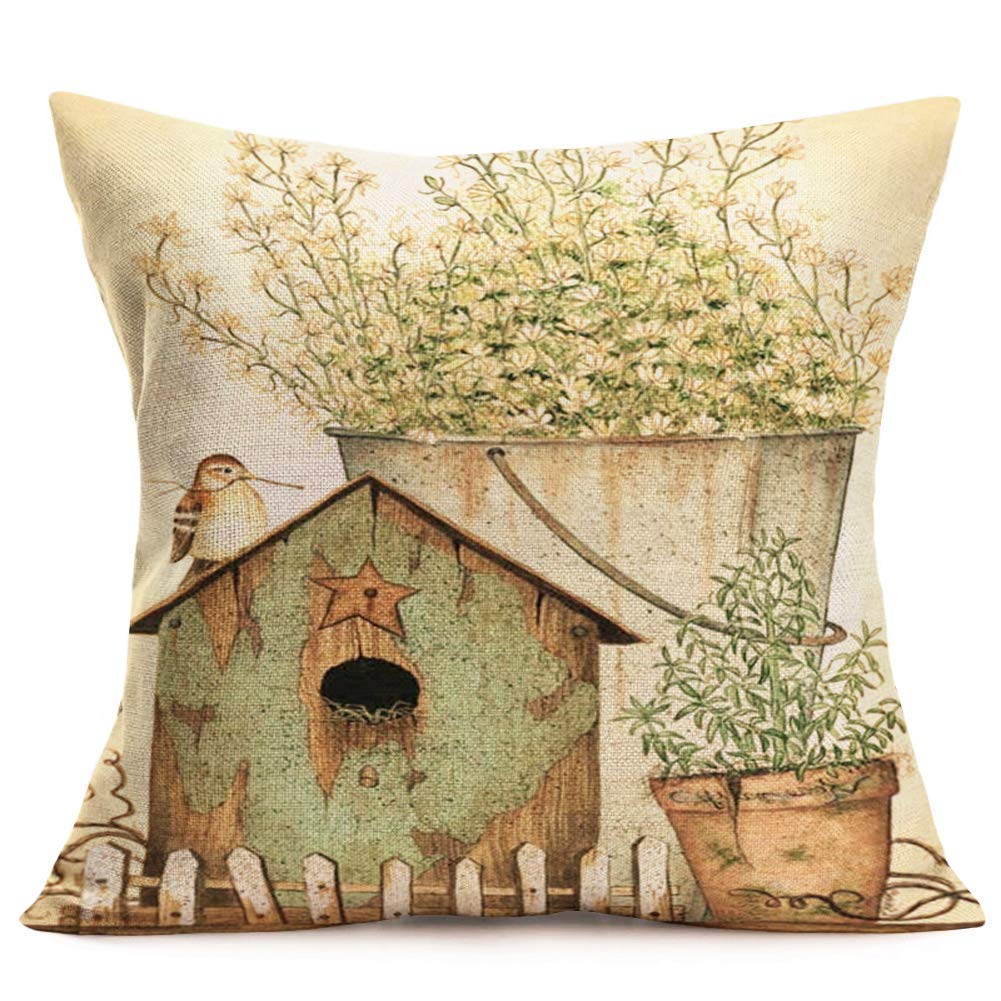 FJPT Spring Cotton Pillow Cover Daisy Flowers Birds Country Garden Pillow Case 22x22 Inch Home Decor Soft Cushion Case for Couch Sofa(Double Sided)