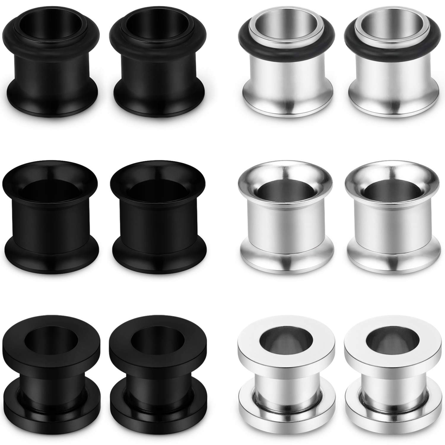 Ftovosyo 6 Pairs Tunnels Screw Fit Plugs Surgical Steel Ear Stretching Gauges Expander Piercing Jewelry Set for Men Women 0G 0 Gauge Silver-tone Black