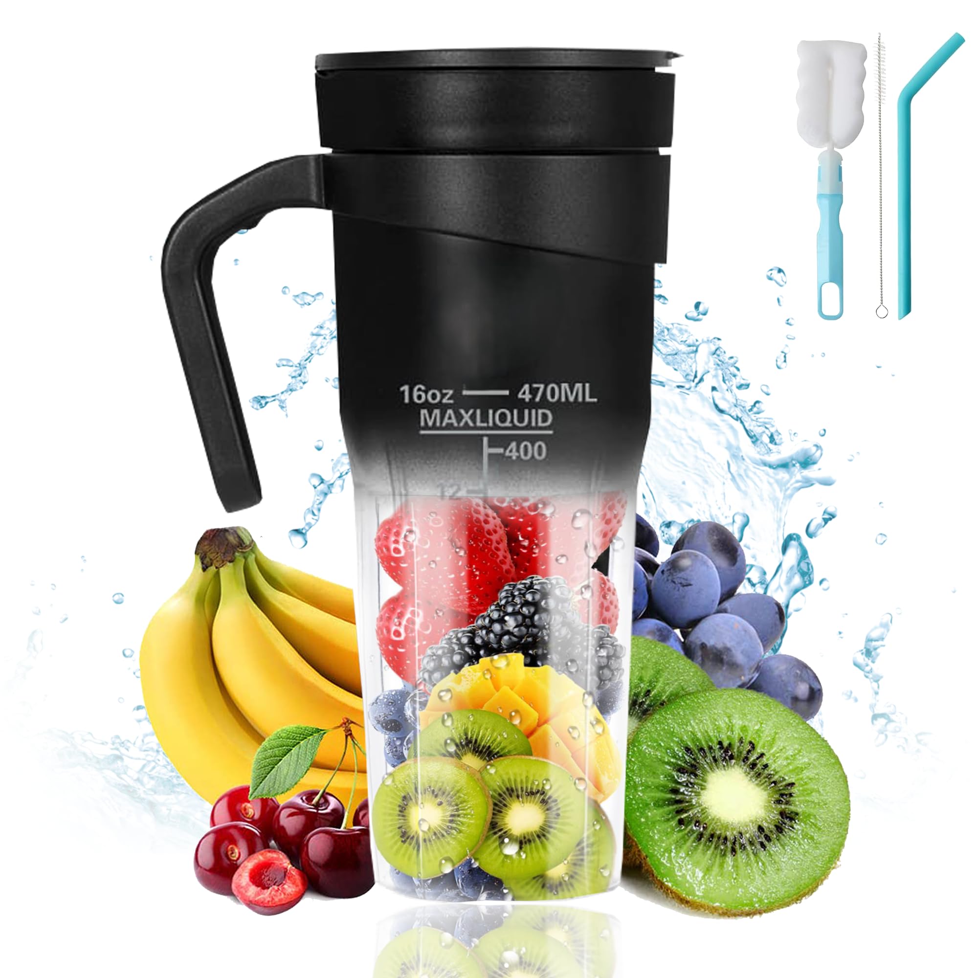 Portable Blender Flask on the go with USB rechargeable for shakes, smoothies, juices and more. Handheld portable blender flask easy to use, easy to clean with 6 blades, 16oz bottle.