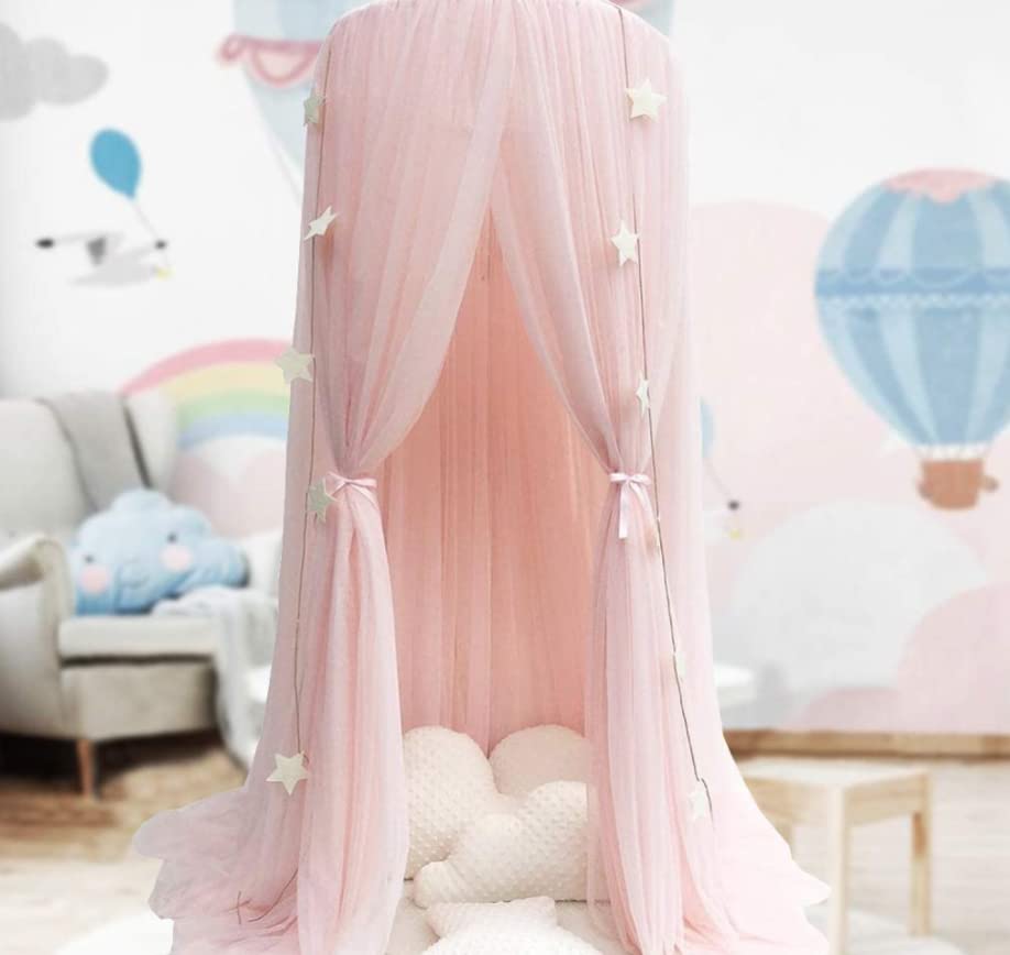 Modern Nursery Kids Bed Canopy - Baby Crib Bed Mosquito net reading Nook - princess house castle bed hanging sheer Canopy 10 layers (PINK)