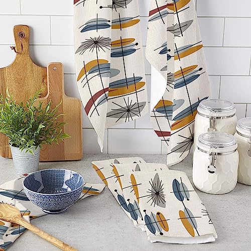 Yun Nist Kitchen Dish Towels,Retro Grey Blue Orange Oval Soft Microfiber Dish Cloths Reusable Hand Towels,Mid Century Abstract Geometry Linen Washable Tea Towel for Dishes Counters 1 Pack