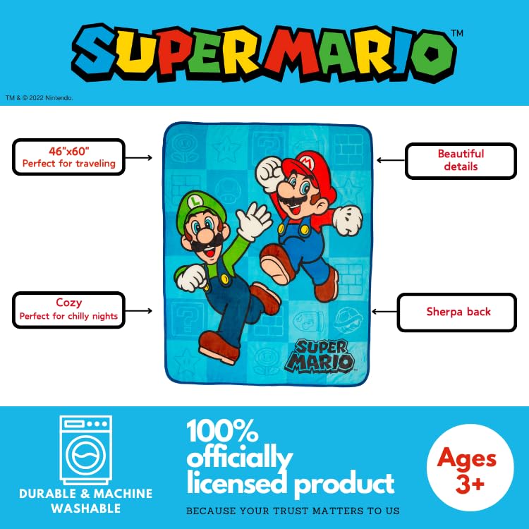 Franco Super Mario Kids Bedding Soft Plush Sherpa Blanket Throw, 46 in x 60 in, (Officially Licensed Product)