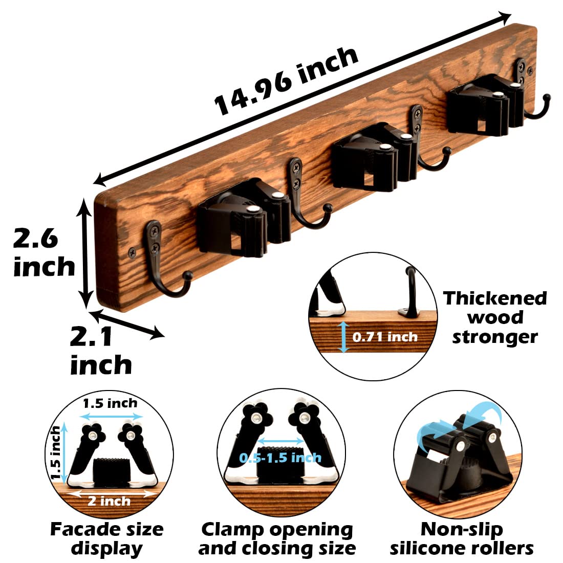 Mop and Broom Holder Wall Mount, Rustic Solid Wood Holder Garden and Kitchen Garage Tool Organizer Wall Hanger for Home Goods (3 Positions with 4 Hooks)