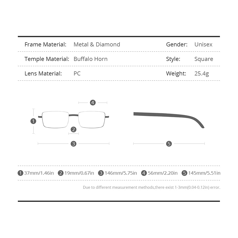 HEPIDEM 100% Really Buffalo Horn Glasses,Square Rimless Luxury Buffs Eyeglasses With Diamonds (Black 0023)