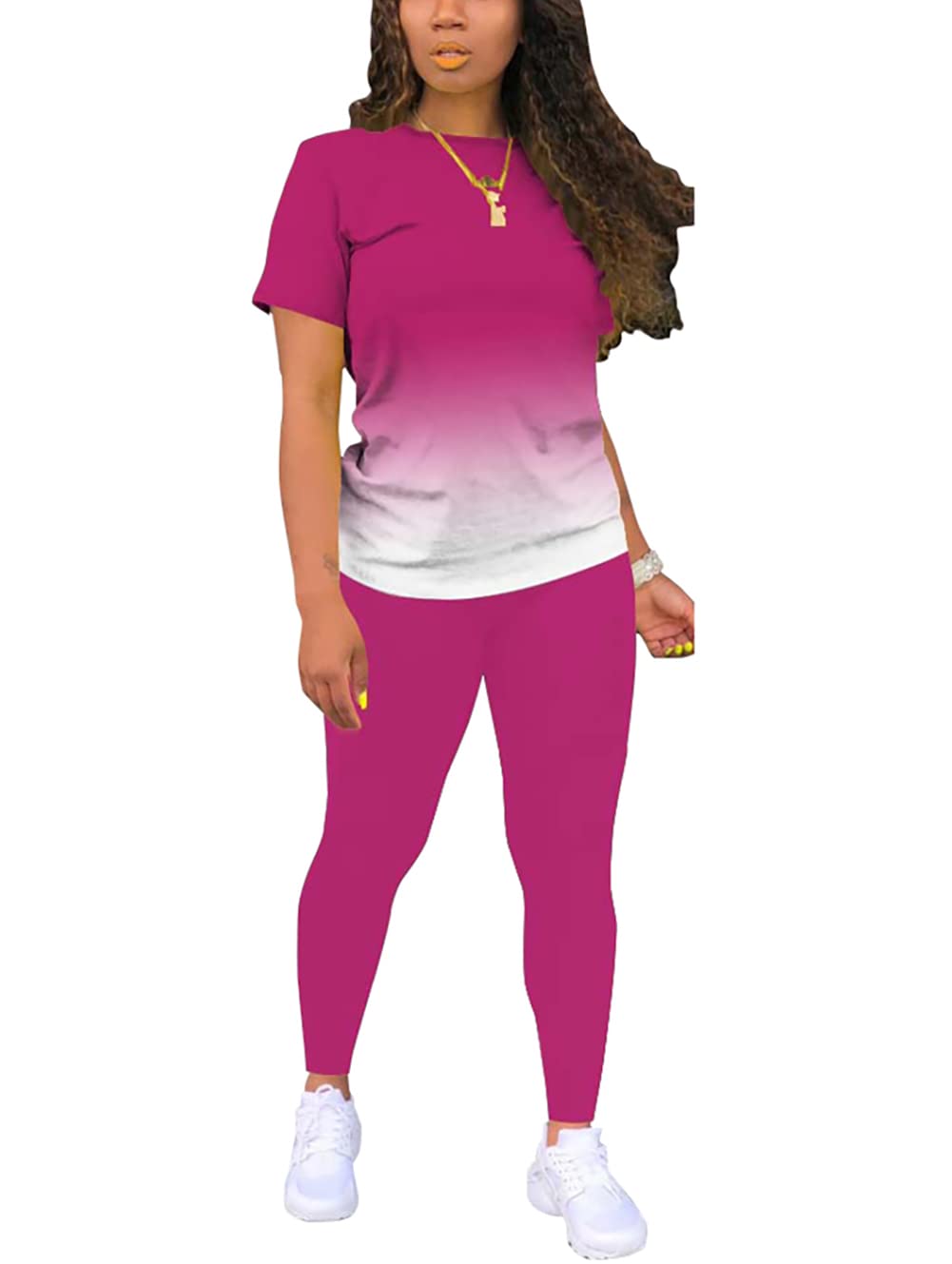 Fooullaide Women Summer 2 Piece Outfit Set Gradient Print Short Sleeve Tops Bodycon Long Sweatpants Tracksuit Sweatsuit