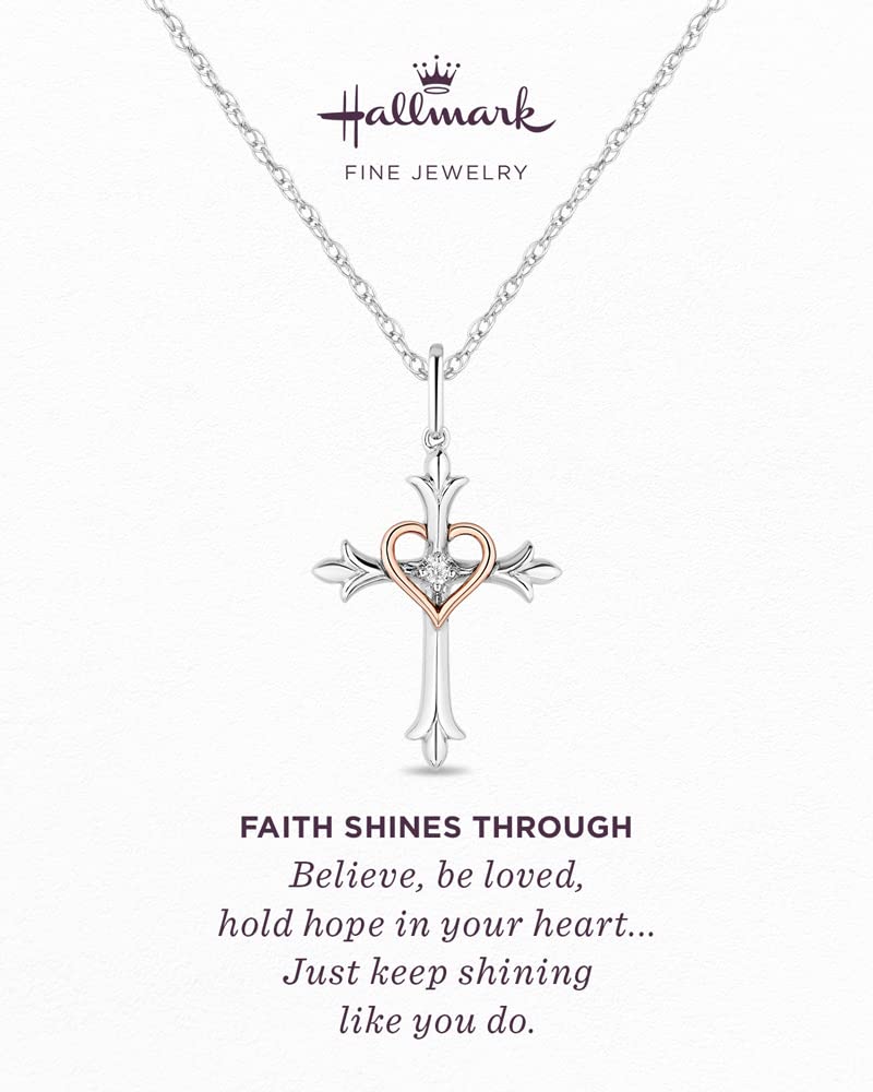 HALLMARK DIAMONDS Faith Cross with Hearth Necklace Pendant in Sterling Silver and 14K Rose Gold Plating and Diamonds