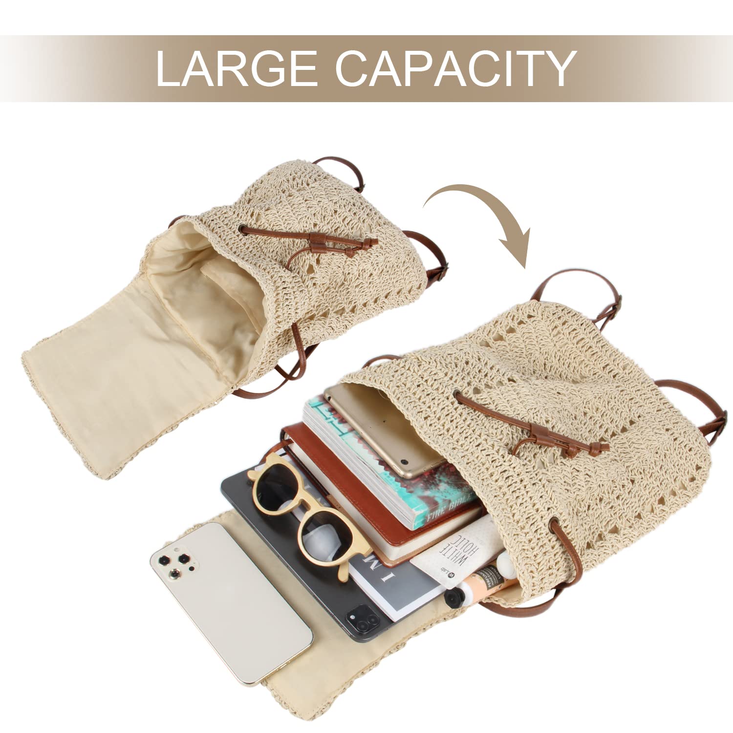 Freie Liebe Women Woven Backpack Purse Summer Large Straw Flap Drawstring Handbags