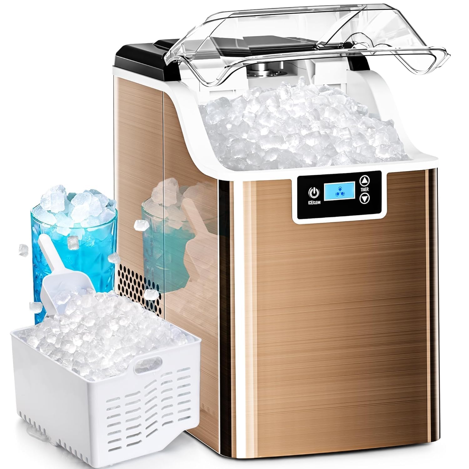 Kismile Nugget Ice Makers Countertop, 45lbs/Day Pebble Ice Maker Machine with 24-Hour Timer, Self-Cleaning Crushed ice Maker with Ice Scoop and Ice Basket for Home & Kitchen (Champagne Gold)