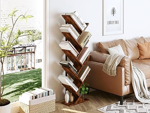 Yusong Tree Bookshelf, Geometric Bookcase with Steel Pipe for Living Room Bedroom, Floor Standing Shelves for Home Office (Rustic Brown, 9 Tier)
