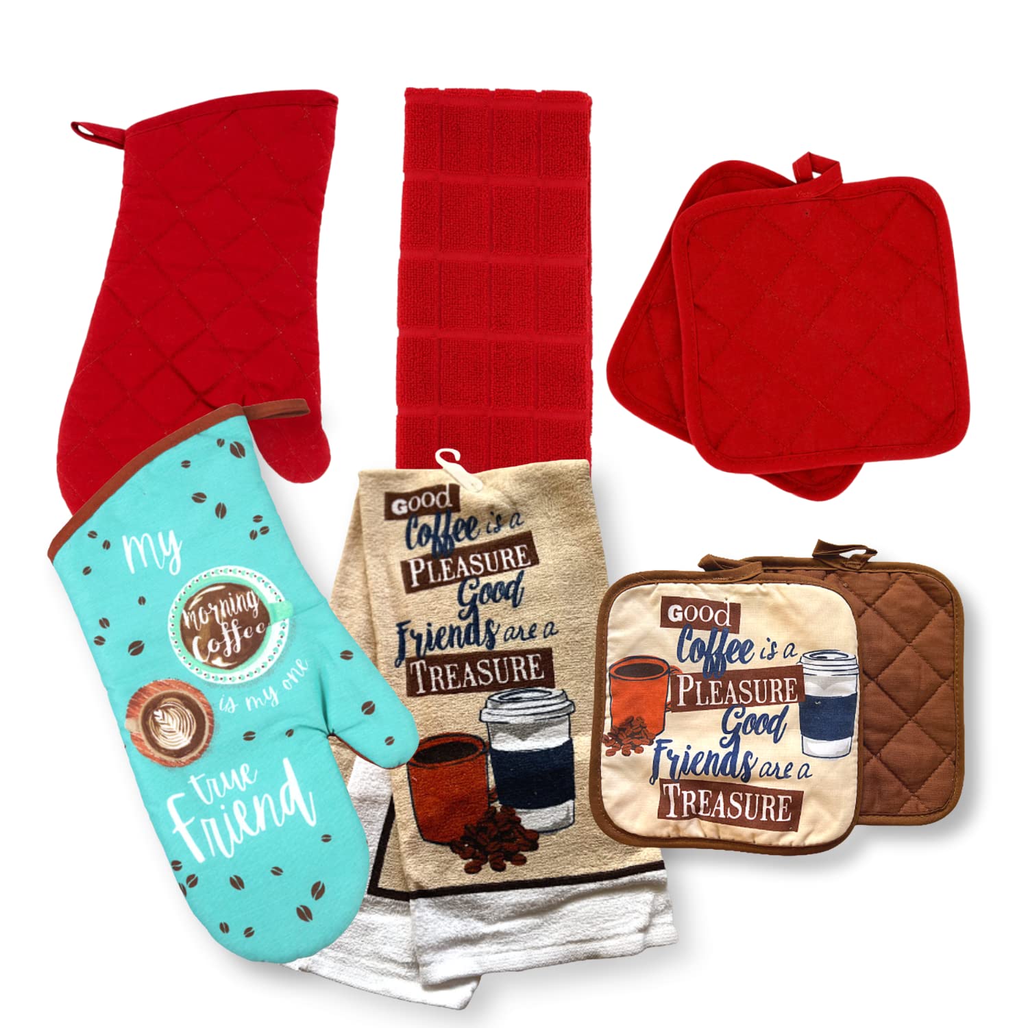 Home Collection Chef-Themed Kitchen Mitts, Pot Holder, & Kitchen Towels Set (Red)