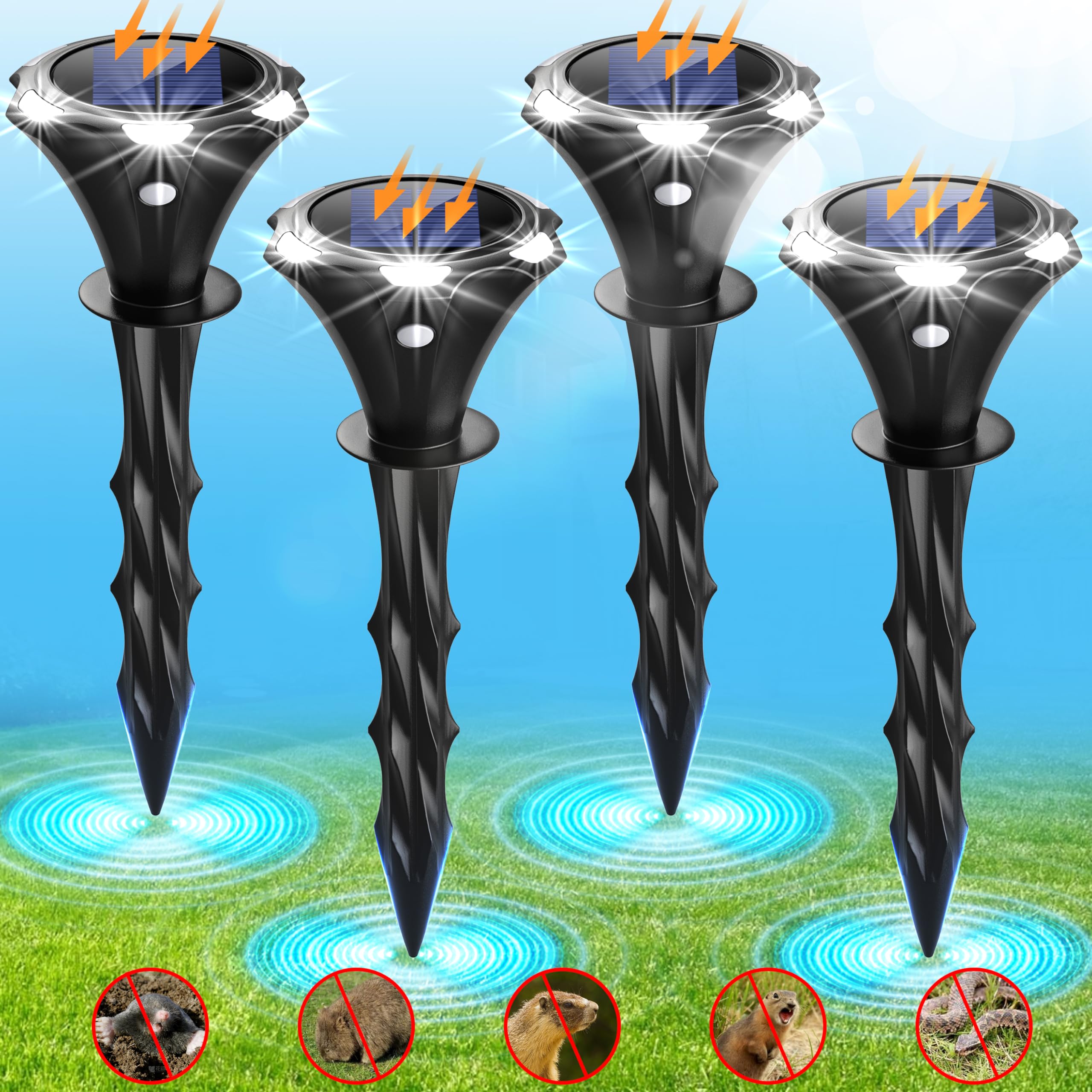 Lookatool Solar Mole Repellent Ultrasonic, Gopher Repeller with LED Night Light, Vole Deterrent Outdoor Waterproof, Snake Chipmunk Sonic Spike Stakes in Yard, Lawn, Garden, 4 Pack, Black