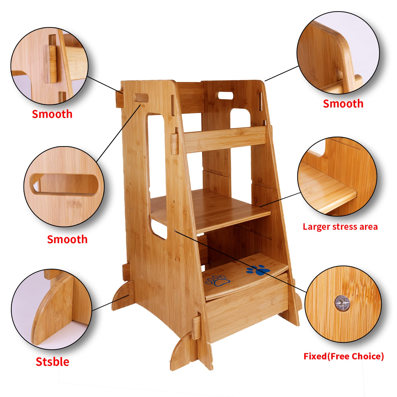 Learning Tower, Bamboo Height Adjustable Toddler Tower, Professional Toddler Kitchen Stool Helper, Kitchen Helper Stool for Toddlers, The Toddler Step Stool with Painting Tools.