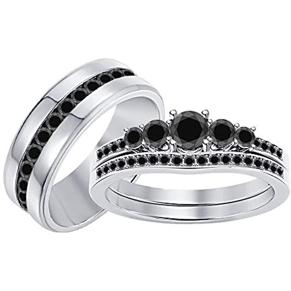 Her Engagement Ring And His Her Wedding Band 5 Stone Round Cut Created-Black Diamond Trio Ring Set 14K White Gold Over 925 Sterling Silver