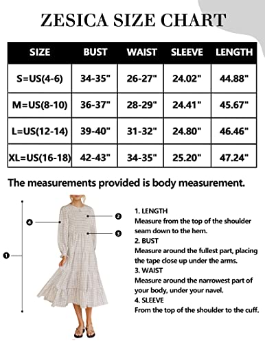 ZESICA Women's Casual Plaid Crew Neck Long Puff Sleeve Elastic Waist Smocked Flowy Tiered Midi Dress,Beige,Medium