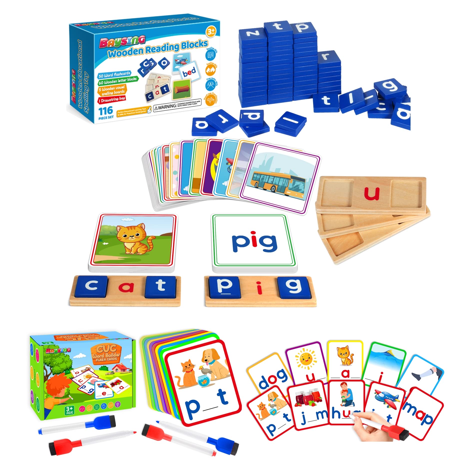 Learning Toys for 3 4 5 Years Old Kids - Short Vowel Letters Sorting Spelling Reading Toy Set with Double-Sided Flash Cards, Preschool Kindergarten Learning Activities Toy for Boys Girls