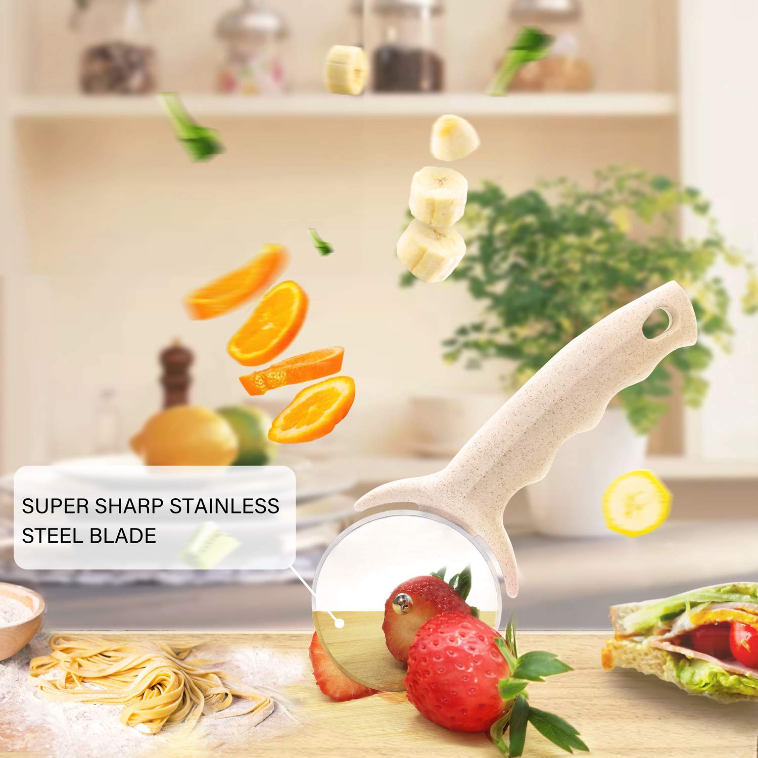 HELEERON Pizza Cutter Wheel, Stainless Steel Pizza Cutter with Cover, Super Sharp Pizza Slicer-Dishwasher safe,Smooth Rotating Pizza Wheel Safe with Healthy Material(Beige)