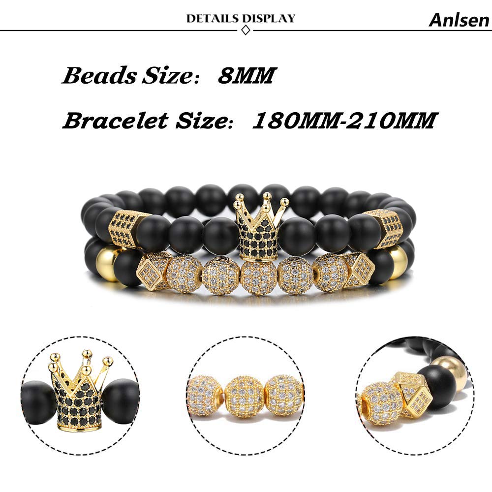 FUNEIA 2PCS 8mm Crown King Charm Beads Bracelet for Men Women Natural Black Matte Onyx Stone Beads, 7.5"