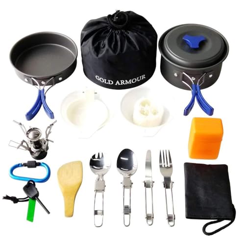 Gold Armour 17 Pieces Camping Cookware Mess Kit Backpacking Hiking Outdoors Gear - Lightweight Cookset, Compact, Durable Pot Pan Bowls, Essential Camping Accessories Equipment Gear (Blue)