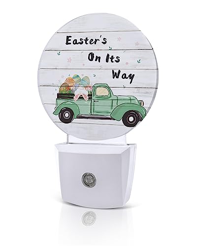 Night Light Plug into Wall, LED Nightlights Easter Green Truck with Bunny Eggs Wooden Board Texture Small Nightlight Auto Dusk-to-Dawn Sensor Lamp LED Night Lights for Kid's Bedroom, Bathroom