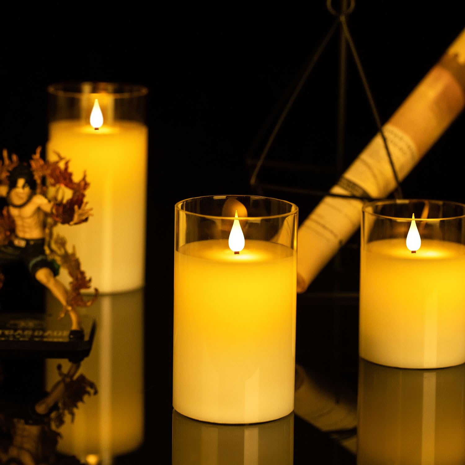 Flameless Candle with Glass Effect,Battery Candles,Pack of 3