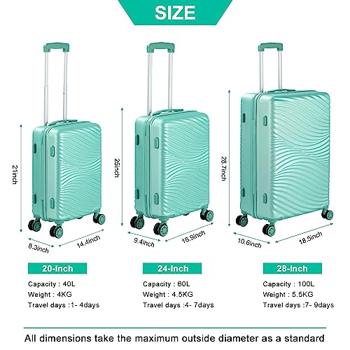 PINPON Luggage Sets 3 Piece, Expandable Hard Luggage Sets with TSA Lock, Carry On Luggage with Double Spinner Wheels for Women Men, Travel Suitcase Lightweight (20/24 / 28, Green)