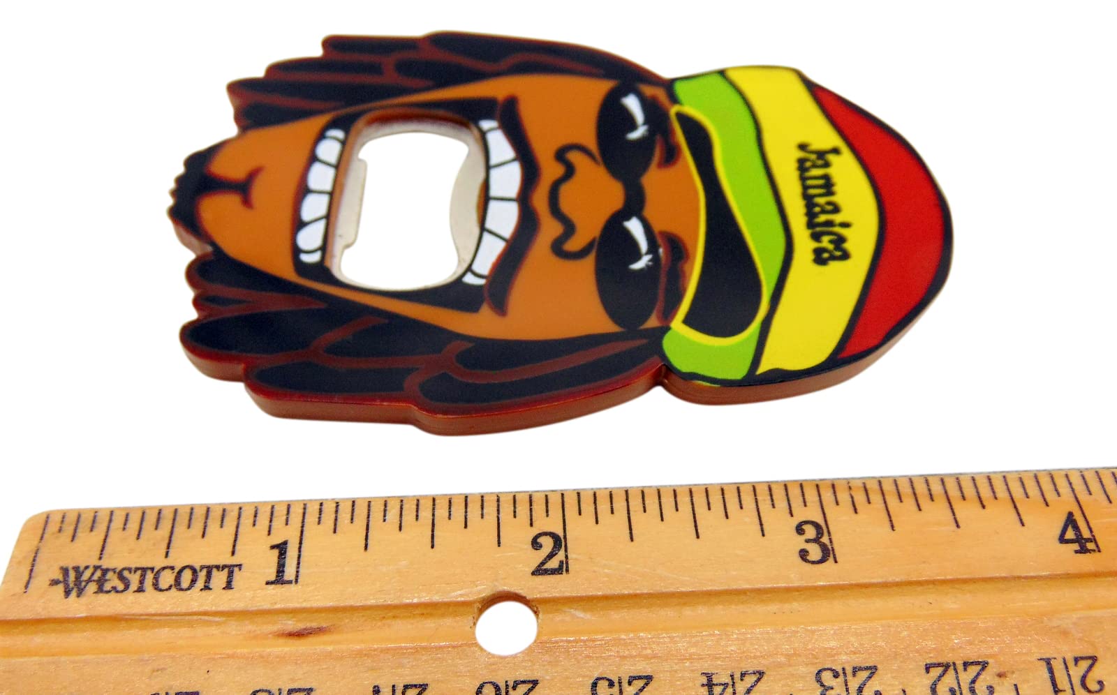 Jamaica Bottle Opener Souvenir Fridge Magnet with Jamaican Rasta Man, 3-1/2 Inch