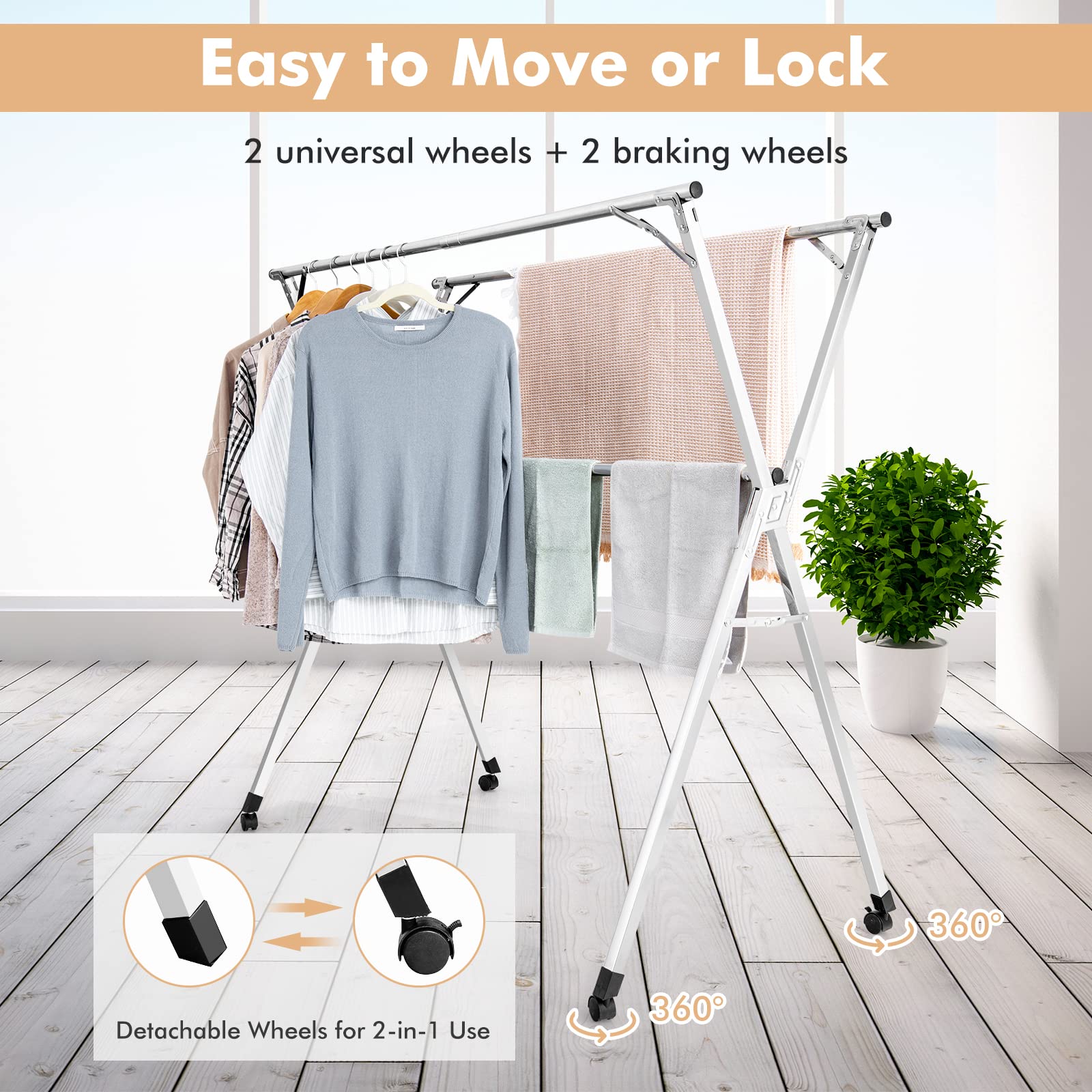 Nightcore Clothes Drying Rack, Stainless Steel Garment Rack with 4 Universal Wheels, Free of Installation, Foldable & Length Adjustable Hanger Rack for Indoor Outdoor