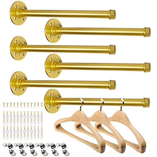 Pintuson 6 Pcs Industrial Pipe Clothes Bar 12 Inch - Wall Mount Clothing Rack - Face Out Closet Rods for Hanging Clothes Commercial Retail Boutique Laundry Shirt Display - Golden