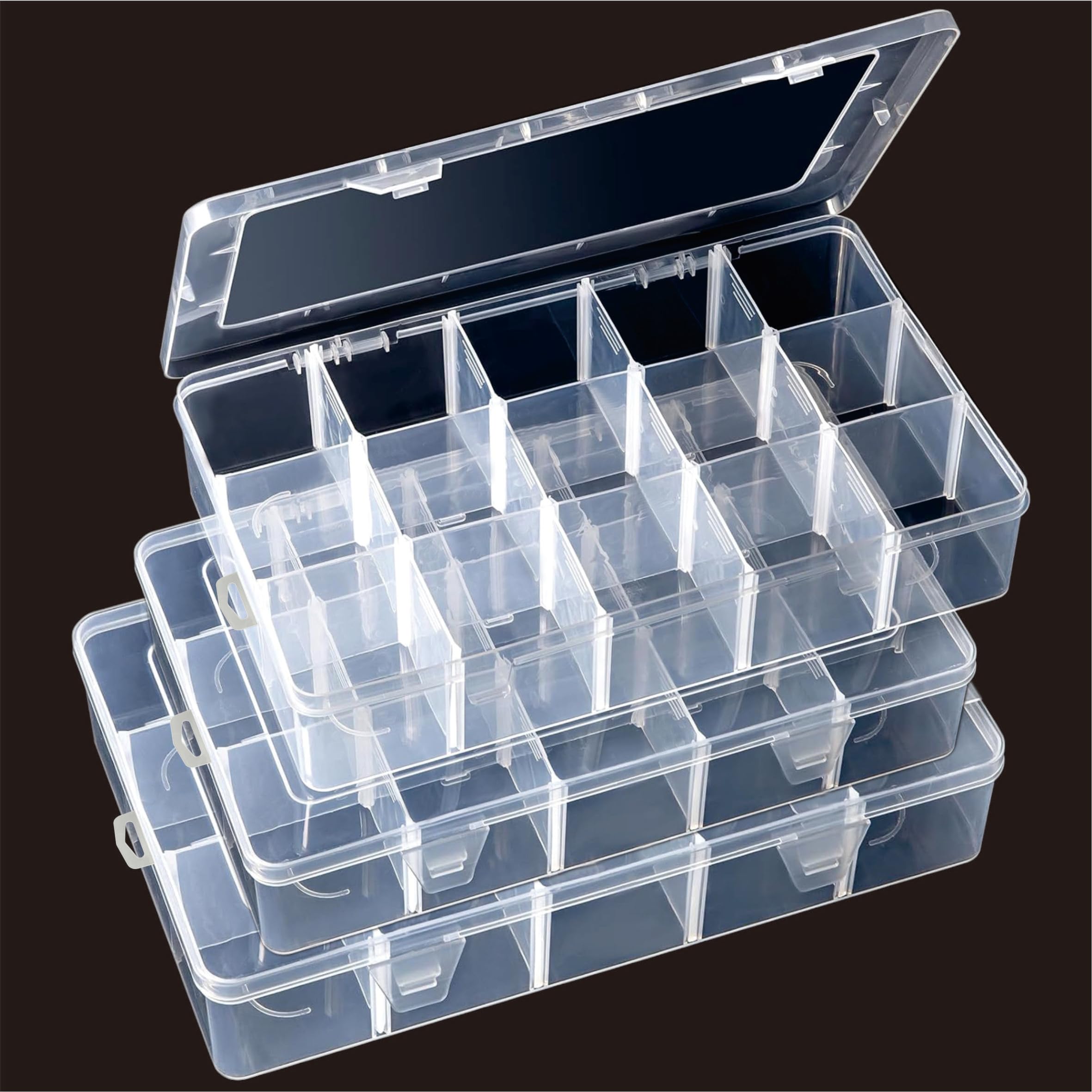LZLMQSSA Large 15 Grids Transparent Plastic Organizer Box With Dividers, Adjustable Compartment Plastic Craft Storage Container, Small Parts Storage Box, Small Tool Organizer Storage Box(3 Pack)
