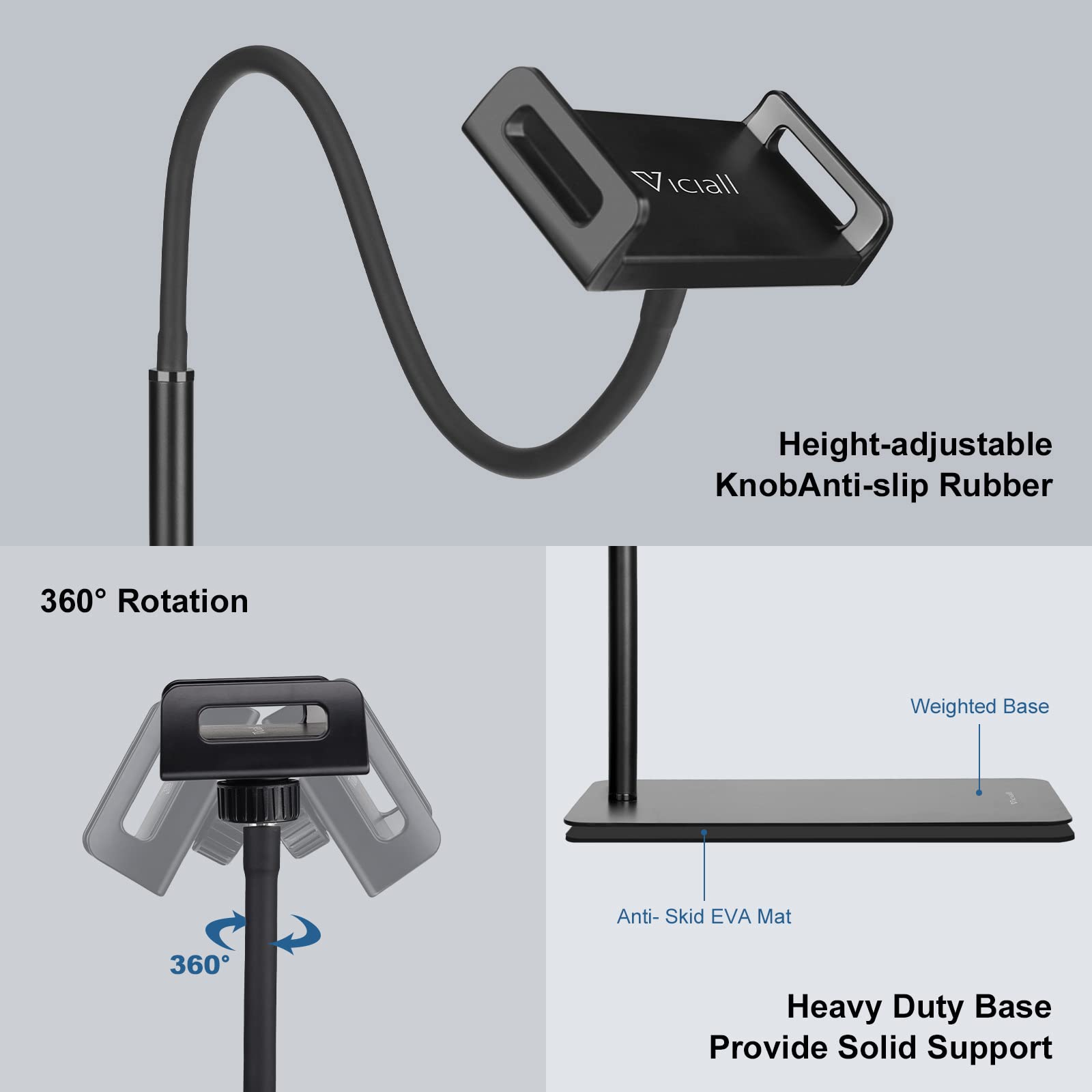 VICIALL Tablet Stand Adjustable, Gooseneck Swivel Tablet Holder Mount with Adjustable Height & Heavy Duty Stable Base, Compatible with iPad Mini, Galaxy Tab, Kindle, Cell Phones