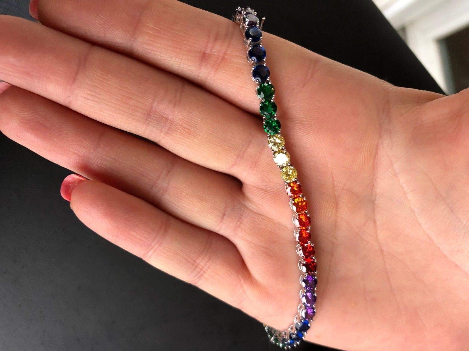 HarlemBling Real Solid 925 Sterling Silver Mens Or Womens Multi Colored Tennis Bracelet - 4mm Rainbow CZ - 6-9" (7.5)