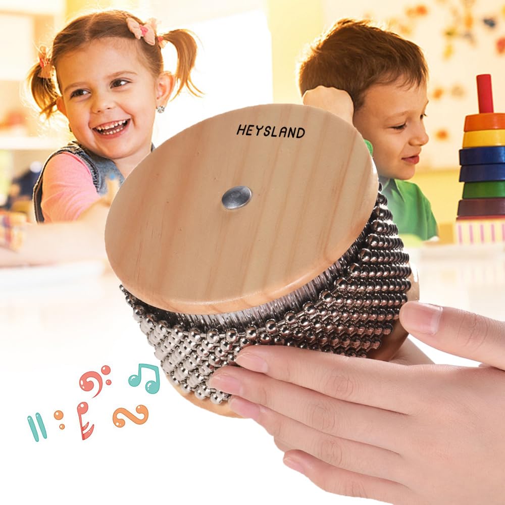 Heysland Wooden Cabasa Percussion Musical Instrument Metal Beaded Chain and Cylinder Pop Hand Shaker for Band Music Education 4.5in HL01B