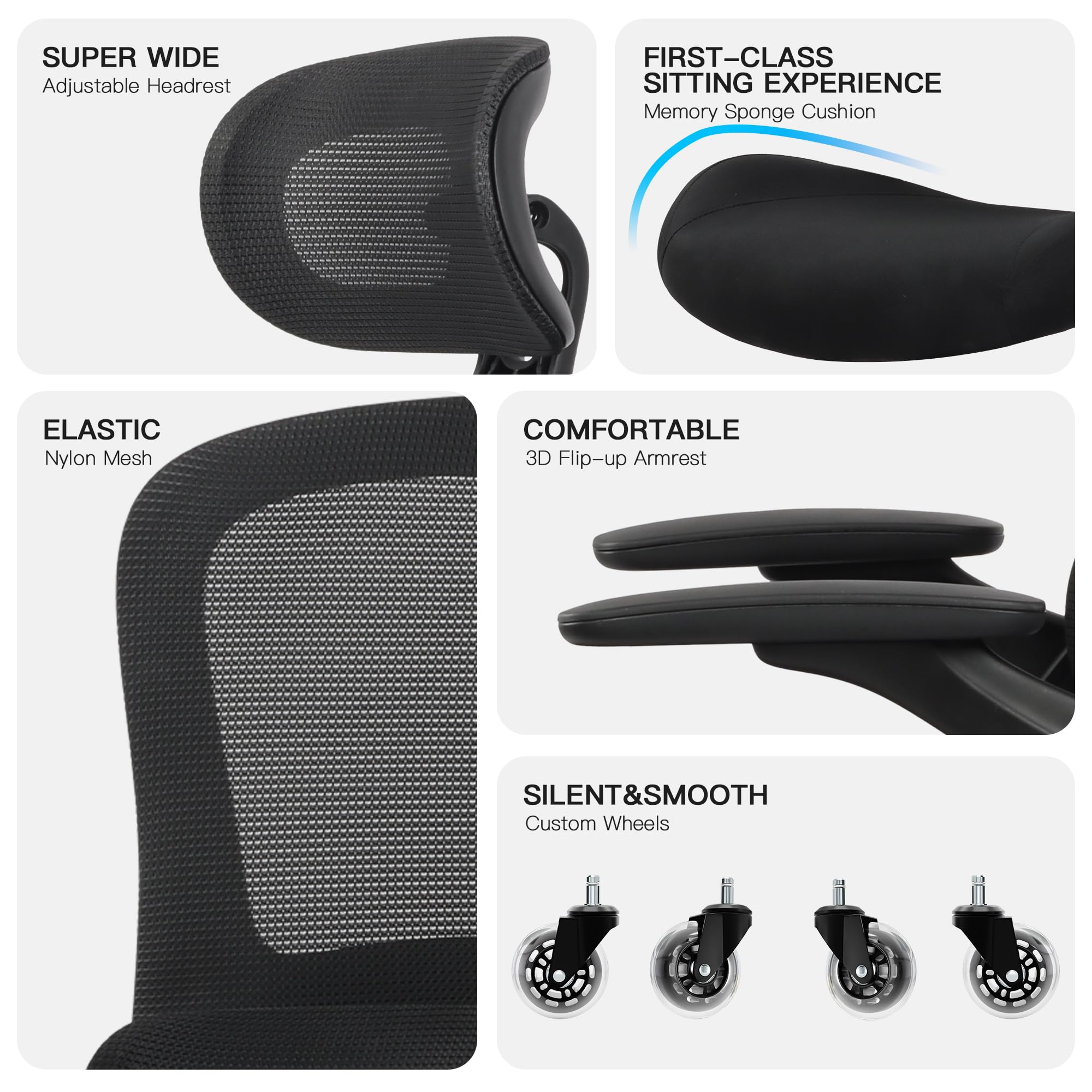 FAMSINGO Ergonomic Mesh Office Chair, High Back Comfortable Desk Chair with Adjustable Lumbar Support, Headrest and Flip-up arms, Wide Memory Foam Seat, Executive Swivel Chair(Black)